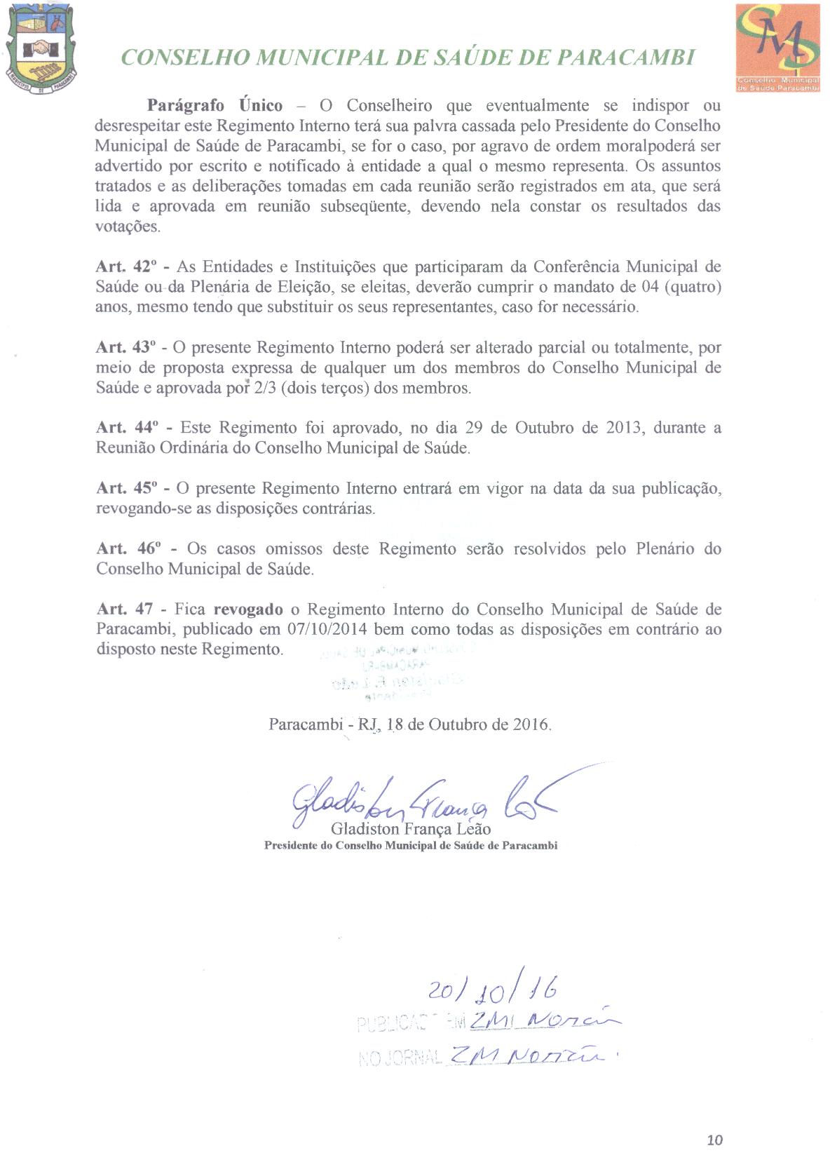 REGIMETO INTERNO 2016 009 – Conselho Municipal de Saúde de Paracambi